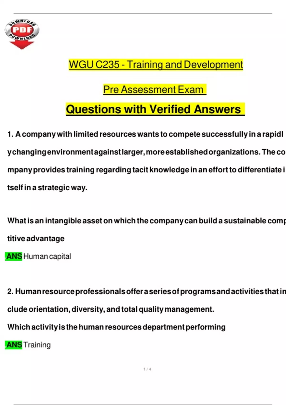 WGU C235 - Training and Development Pre Assessment Exam 2025 / 2026 ...
