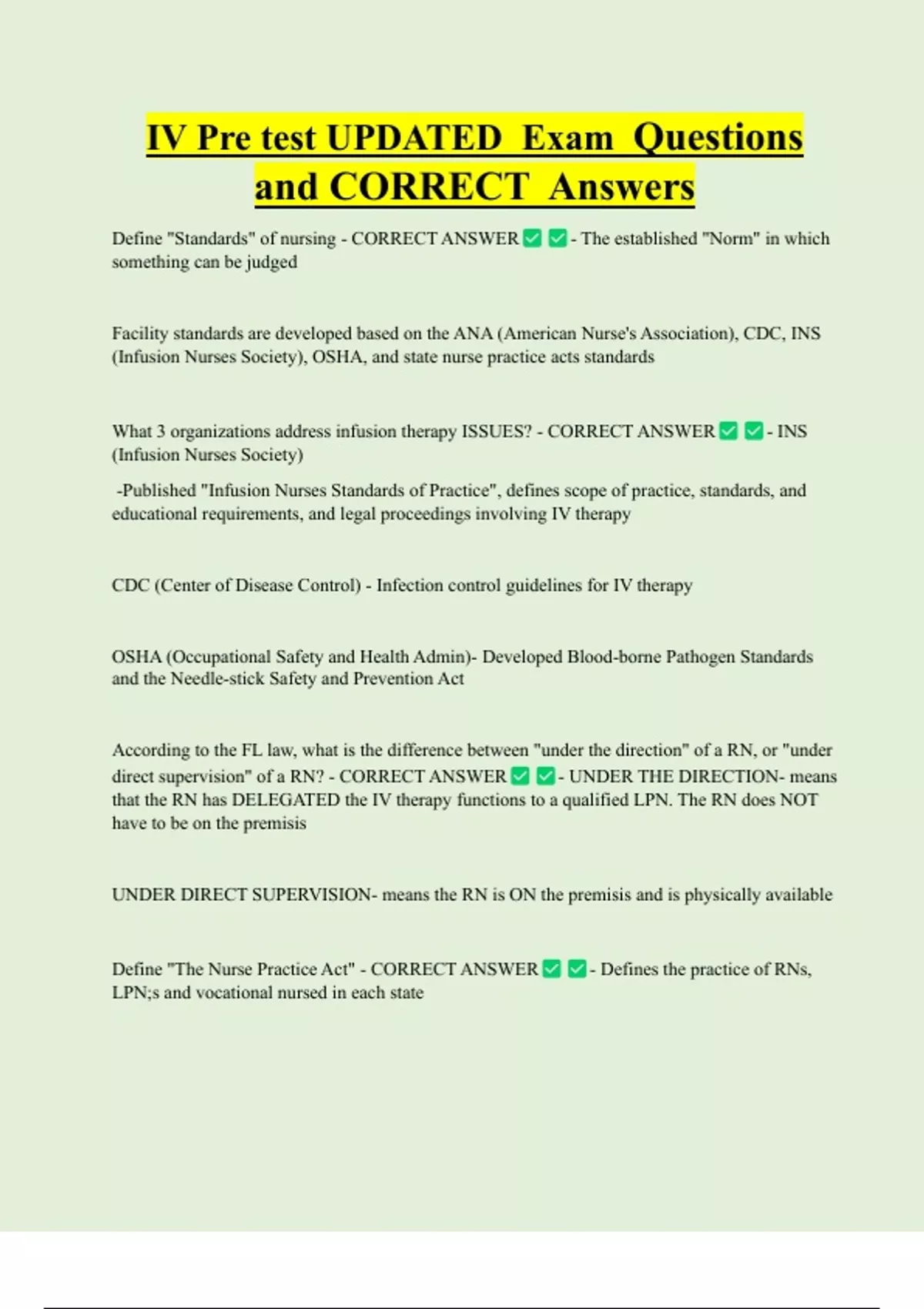 IV Pre test UPDATED Exam Questions and CORRECT Answers - IV Therapy ...