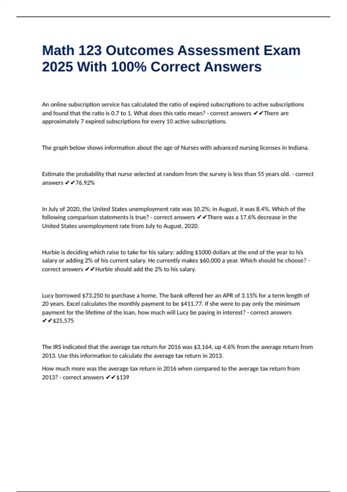 Math 123 Outcomes Assessment Exam 2025 With 100% Correct Answers - Math 123 Outcomes Assessment ...