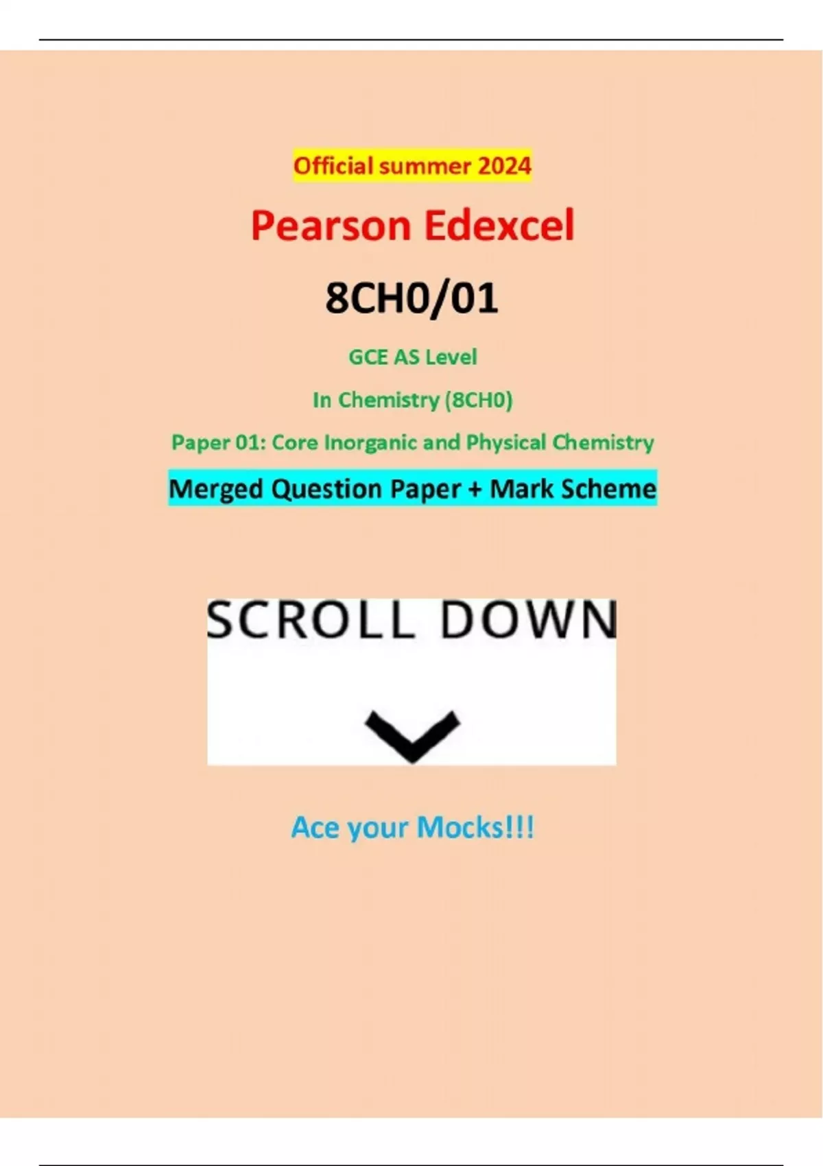 Official summer 2024 Pearson Edexcel 8CH0/01 GCE AS Level In Chemistry ...