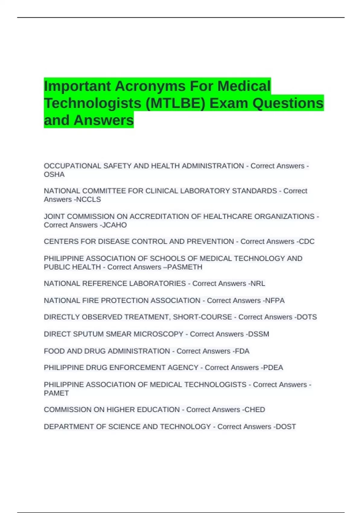 Important Acronyms For Medical Technologists (MTLBE) Exam Questions and ...