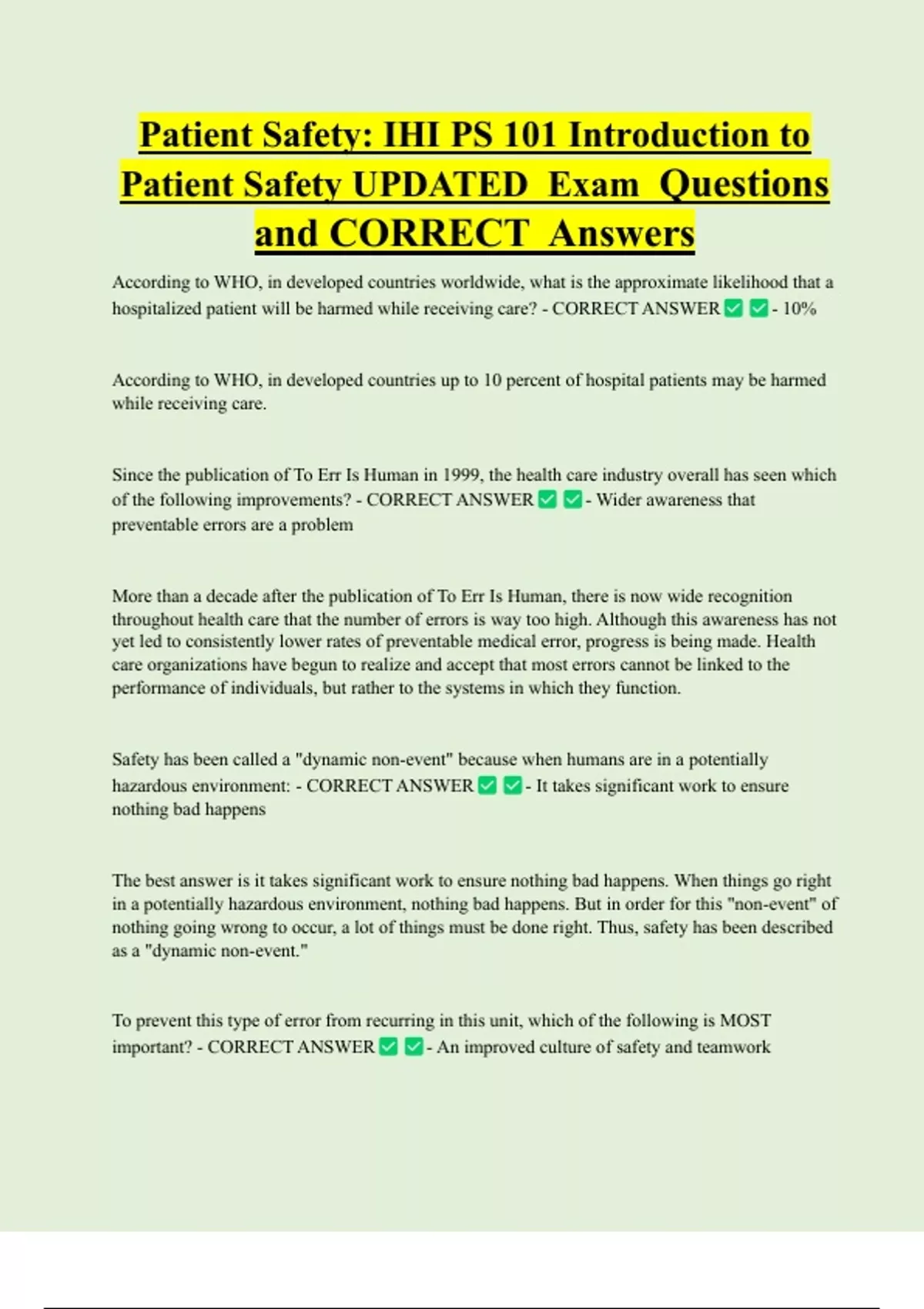 Patient Safety: IHI PS 101 Introduction to Patient Safety UPDATED Exam ...