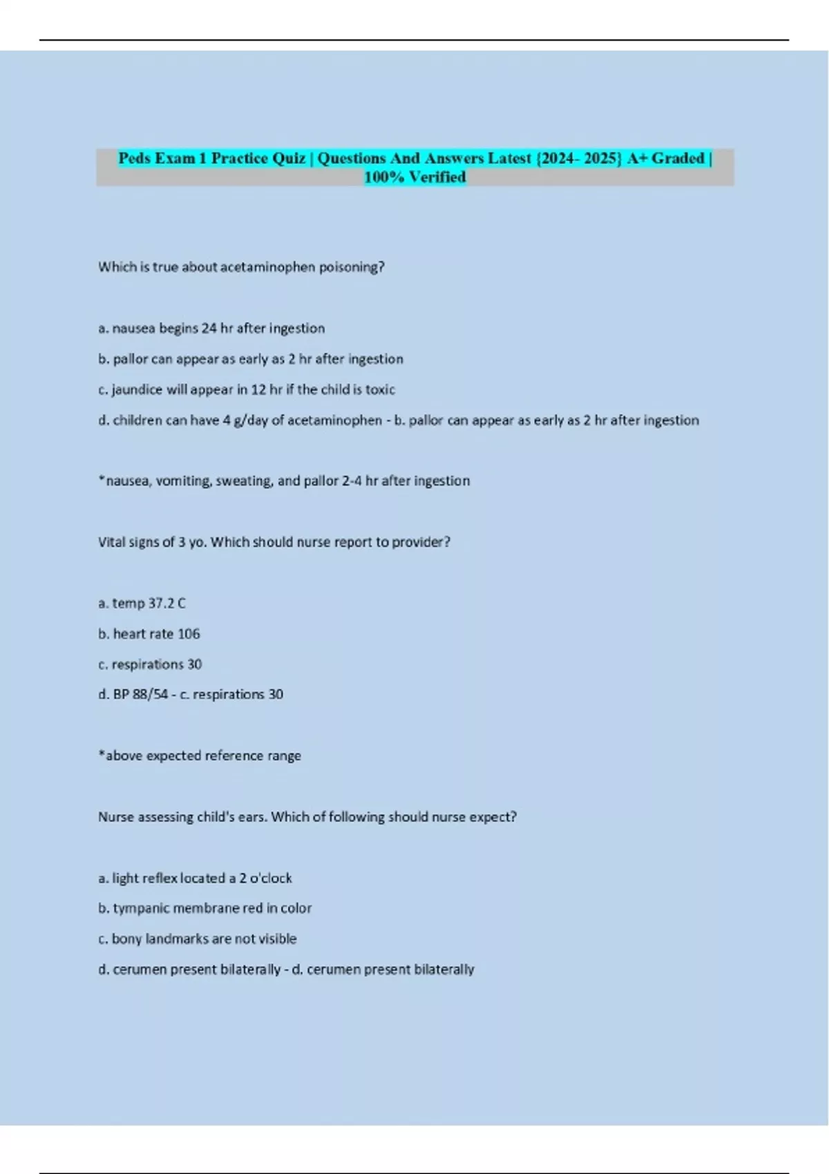 Peds Exam 1 Practice Quiz | Questions And Answers - Peds - Stuvia US
