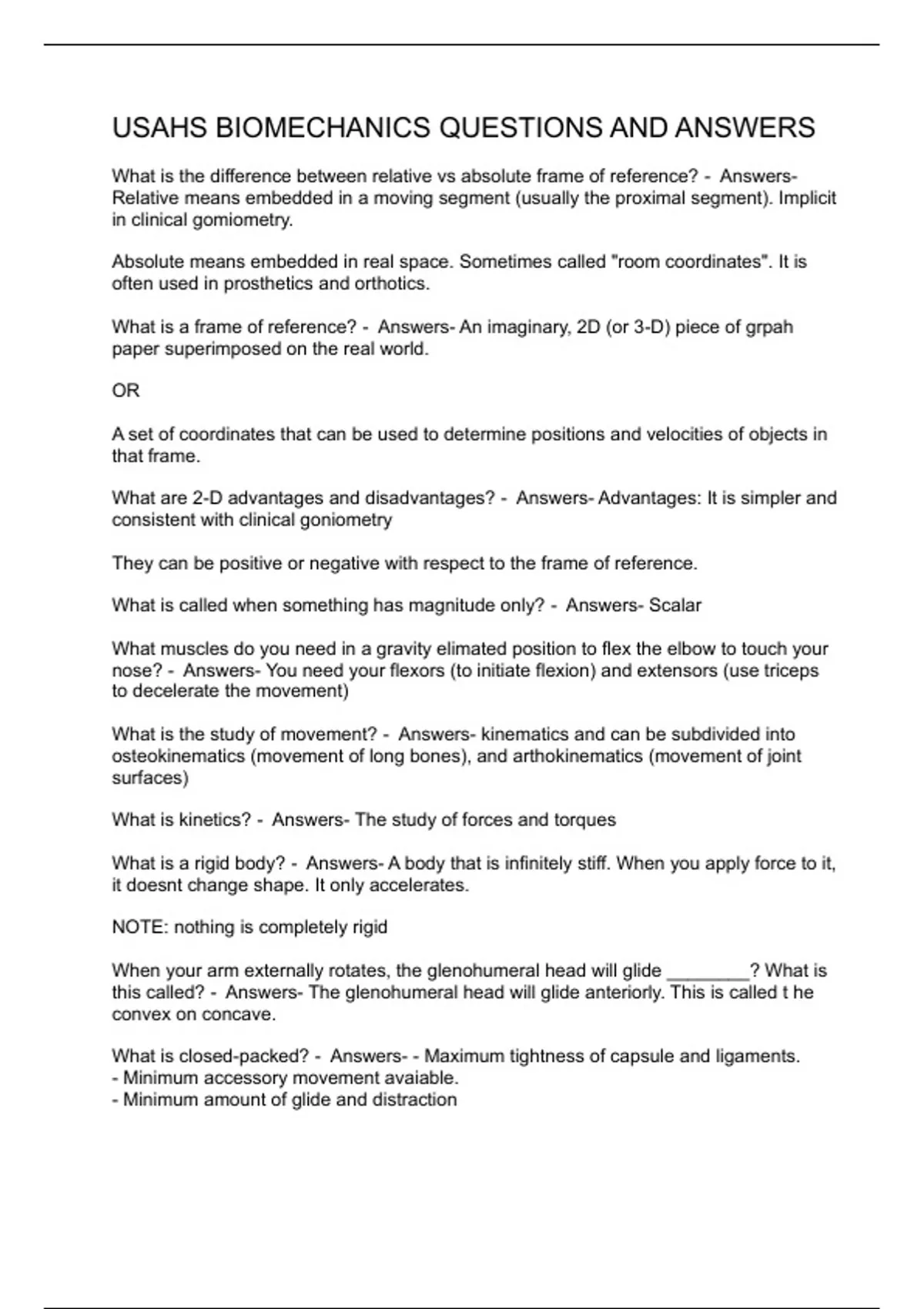 USAHS BIOMECHANICS QUESTIONS AND ANSWERS - USAHS - Stuvia US