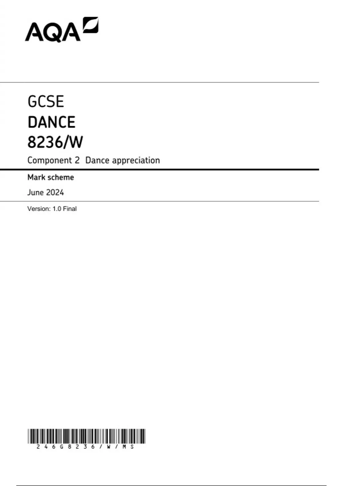 AQA GCSE DANCE Component 2 JUNE 2024 QUESTION PAPER AND MARK SCHEME ...