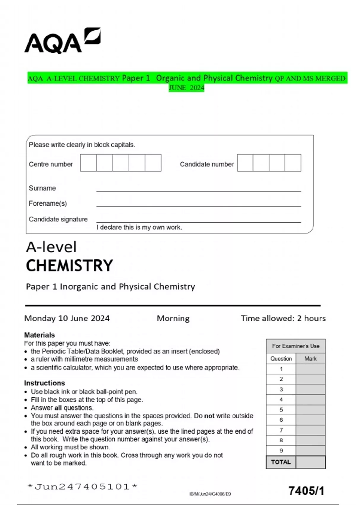 AQA A-LEVEL CHEMISTRY Paper 1 Organic and Physical Chemistry QP AND MS ...
