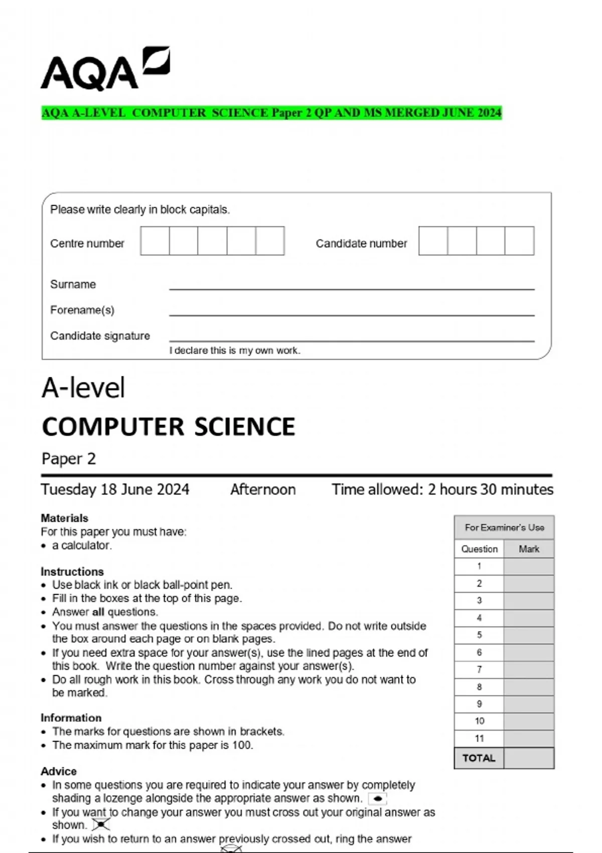 AQA A-LEVEL COMPUTER SCIENCE Paper 2 QP AND MS MERGED JUNE 2024 - AQA - Stuvia US