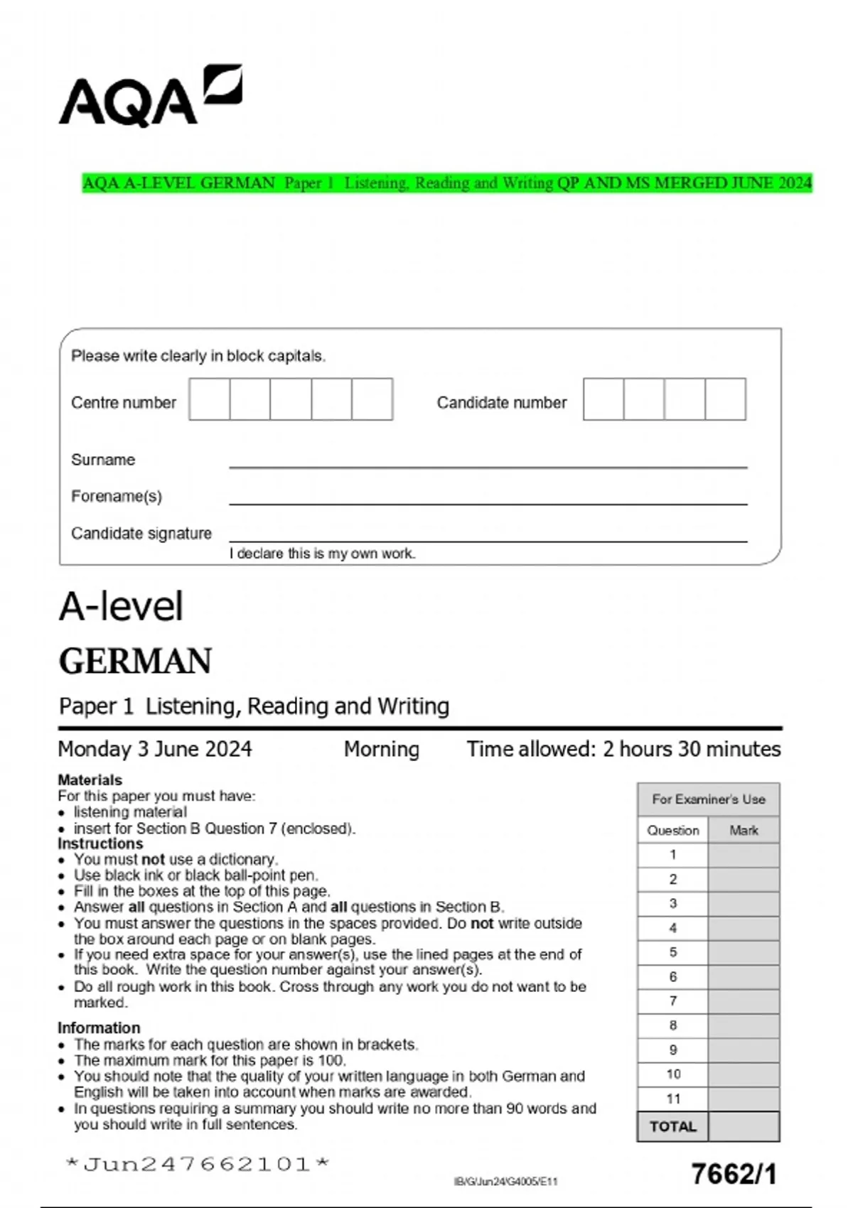 AQA A-LEVEL GERMAN Paper 1 Listening, Reading and Writing QP AND MS ...