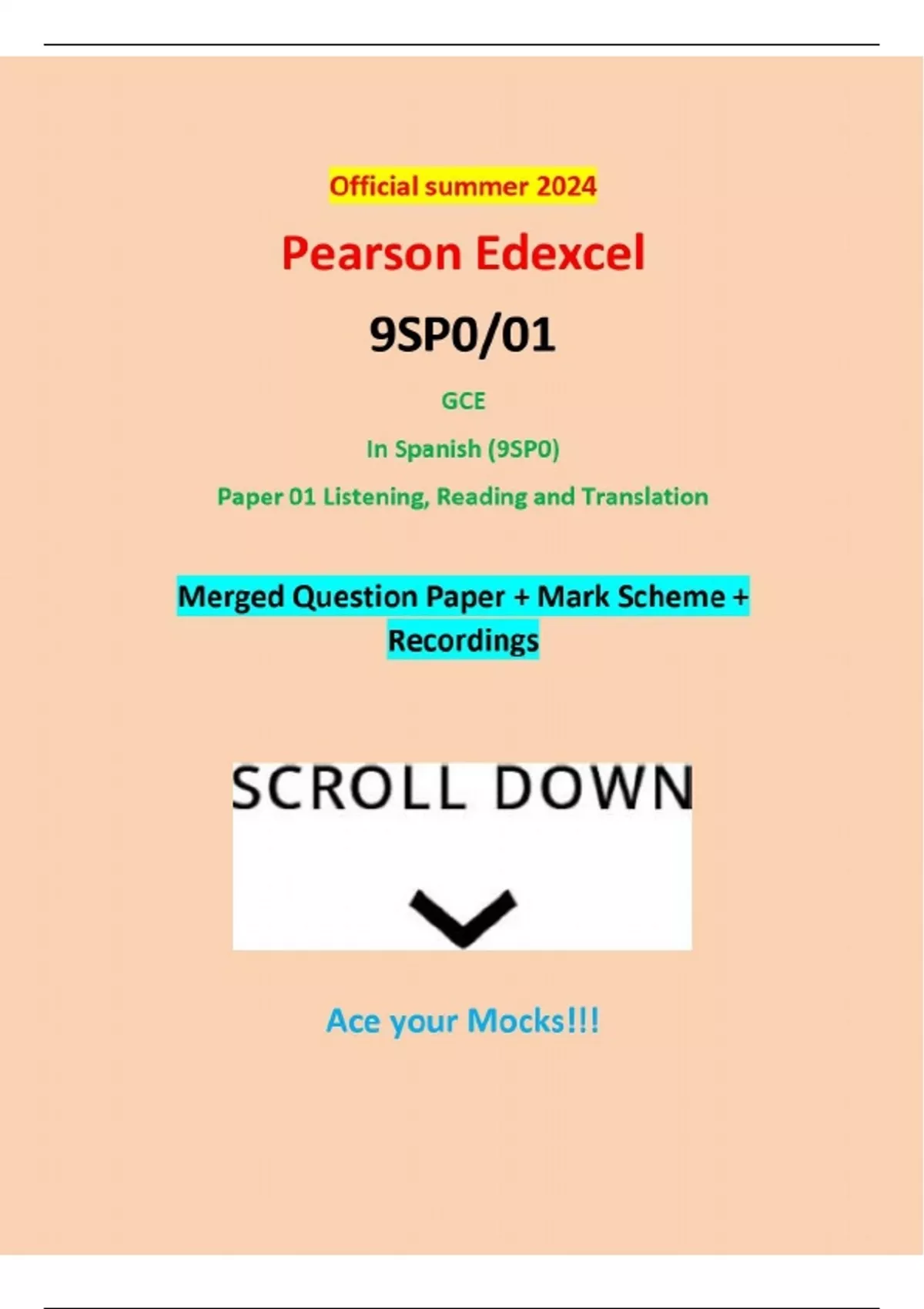 Official summer 2024 Pearson Edexcel 9SP0/01 GCE In Spanish (9SP0 ...