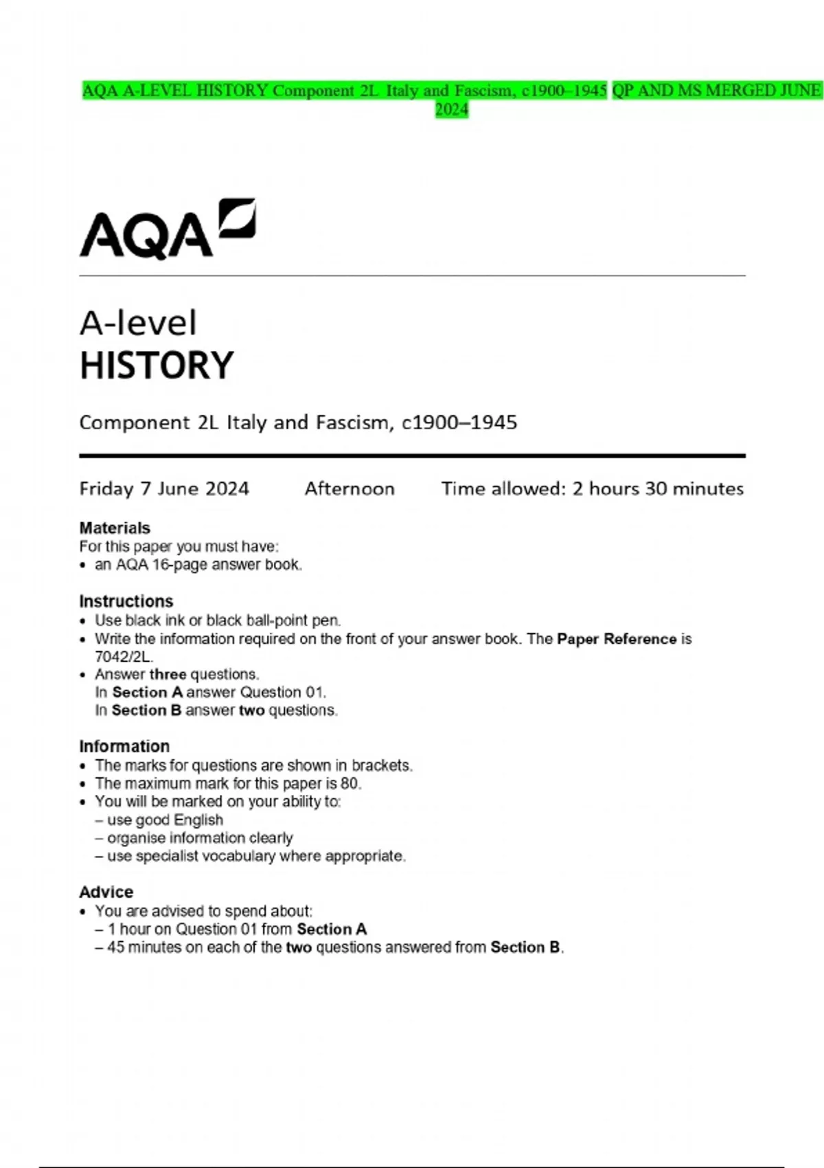 AQA A-LEVEL HISTORY Component 2L Italy and Fascism, c1900–1945 QP AND ...