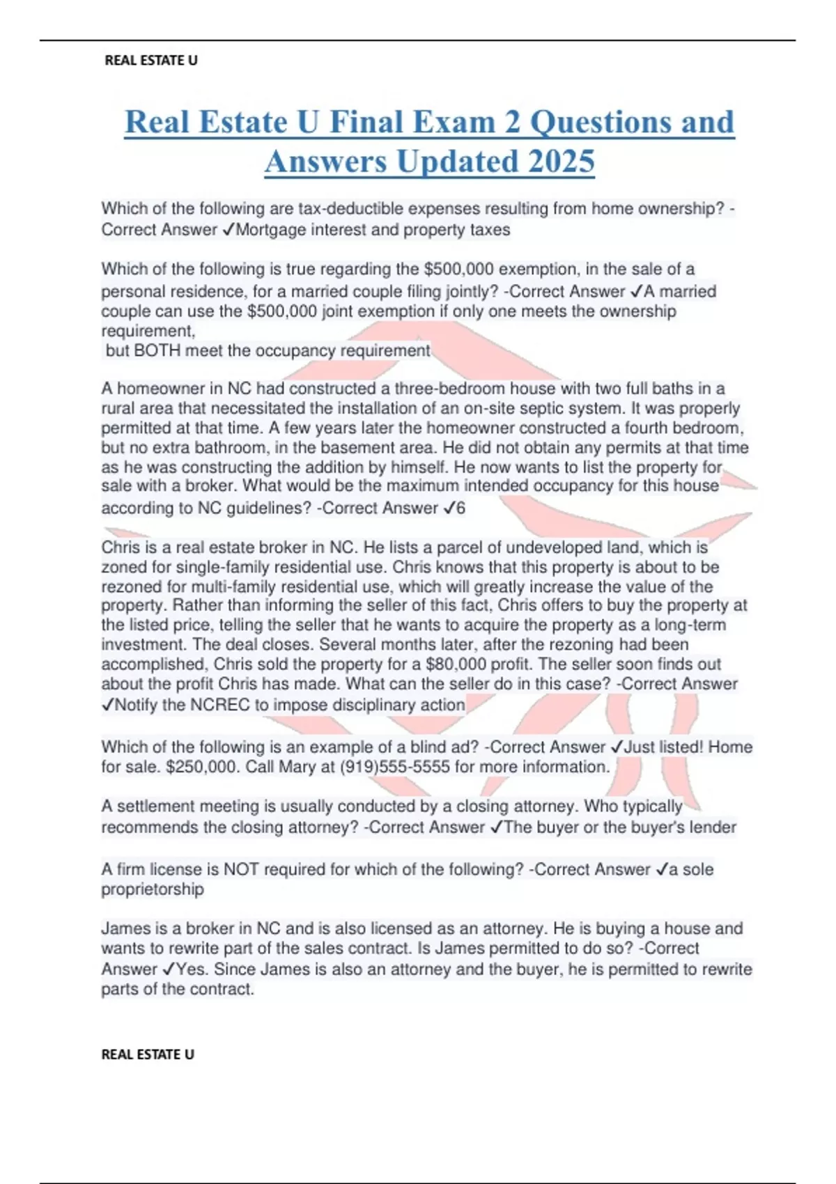 Real Estate U Final Exam 2 Questions and Answers Updated 2025 - Real Estate U - Stuvia US