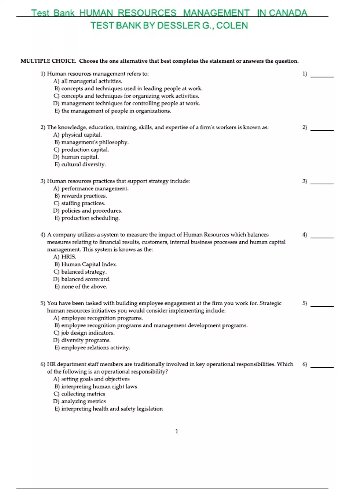 Test Bank – Human Resources Management in Canada, 15th Edition by Gary ...