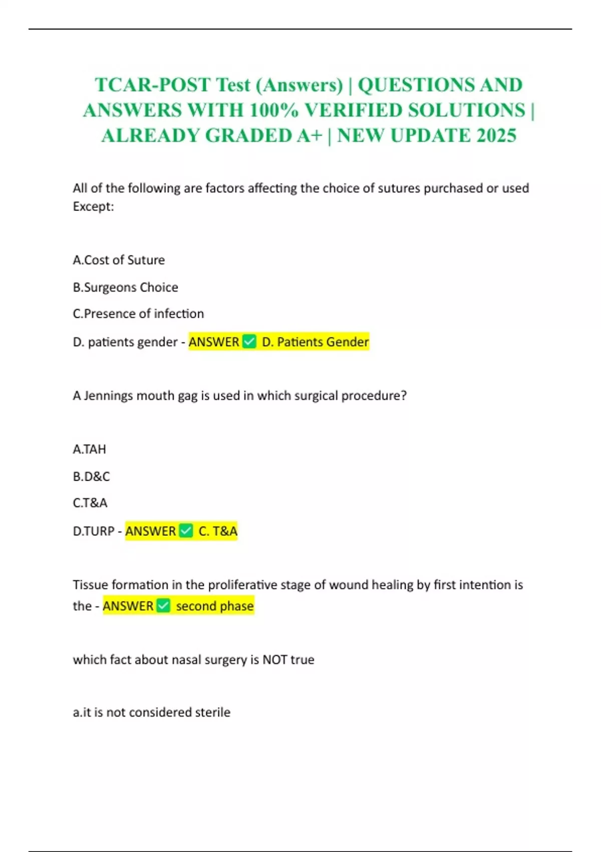 TCAR (Transcarotid artery revascularization) BUNDLED QUESTIONS AND ...