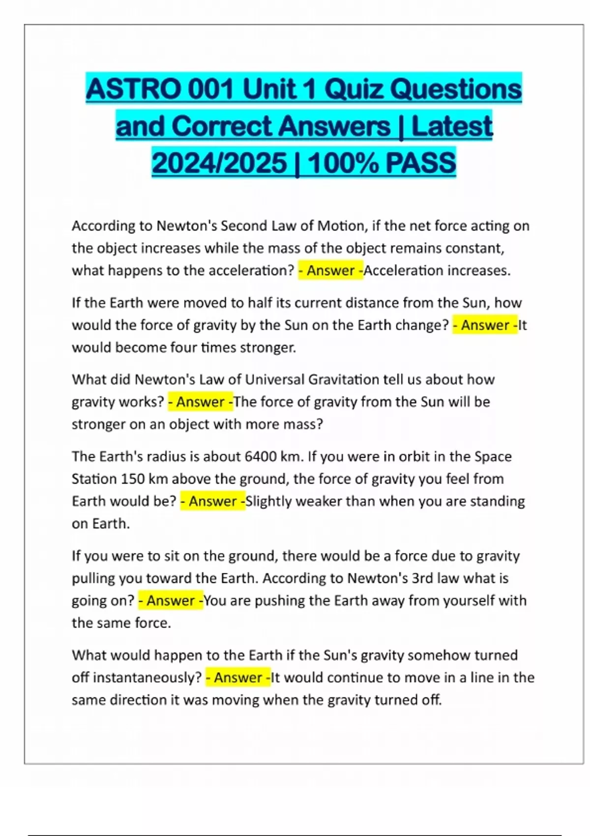 ASTRO 001 Unit 1 Quiz Questions and Correct Answers | Latest 2024/2025 ...