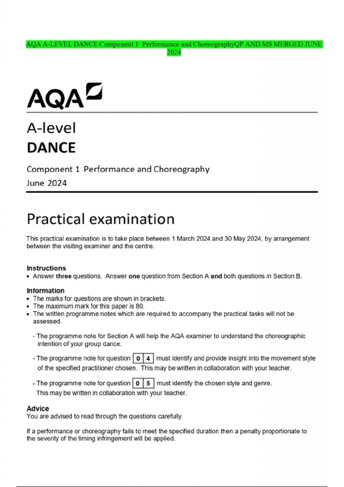 AQA A-LEVEL DANCE Component 1 Performance and ChoreographyQP AND MS ...