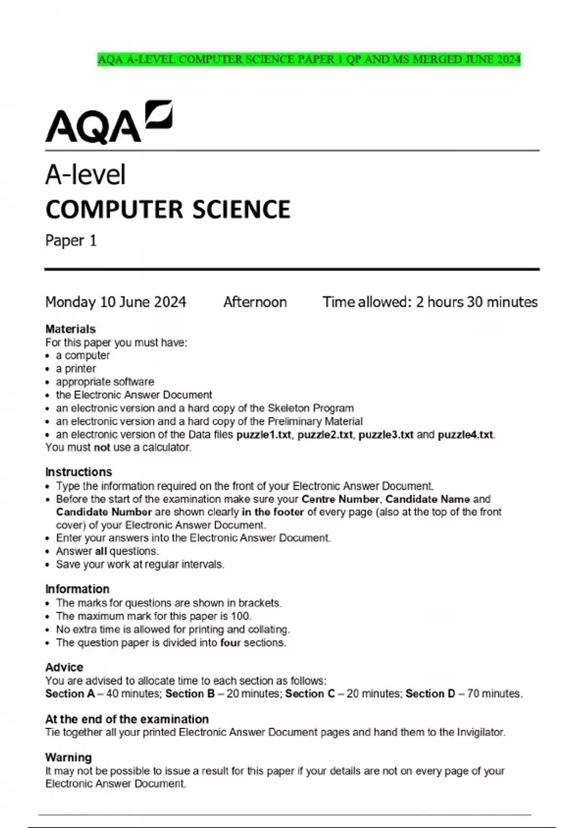 AQA A-LEVEL COMPUTER SCIENCE PAPER 1 QP AND MS MERGED JUNE 2024 - AQA - Stuvia US