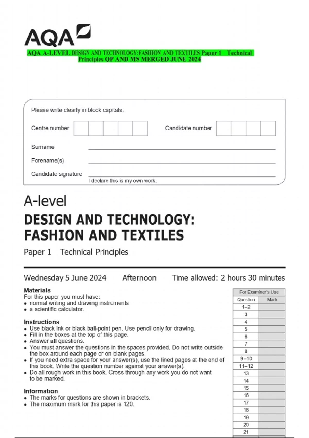 AQA A-LEVEL DESIGN AND TECHNOLOGY:FASHION AND TEXTILES Paper 1 ...