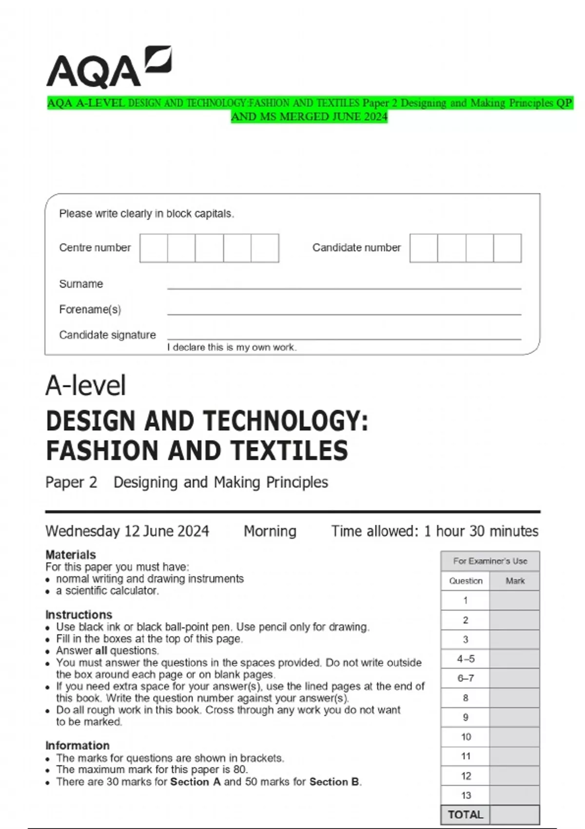 AQA A-LEVEL DESIGN AND TECHNOLOGY:FASHION AND TEXTILES Paper 2 Designing and Making Principles ...