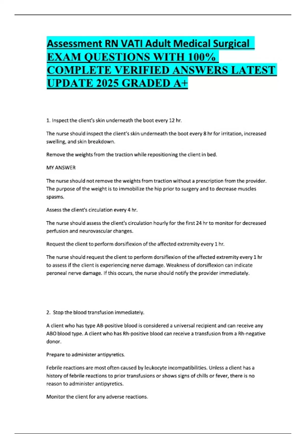 Assessment RN VATI Adult Medical Surgical EXAM QUESTIONS WITH 100% ...