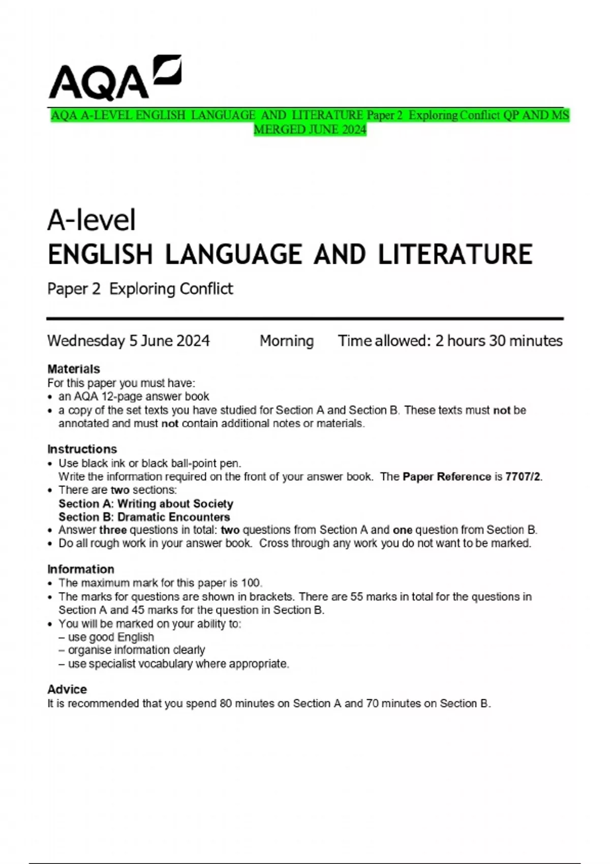 AQA A-LEVEL ENGLISH LANGUAGE AND LITERATURE Paper 2 Exploring Conflict QP AND MS MERGED JUNE ...