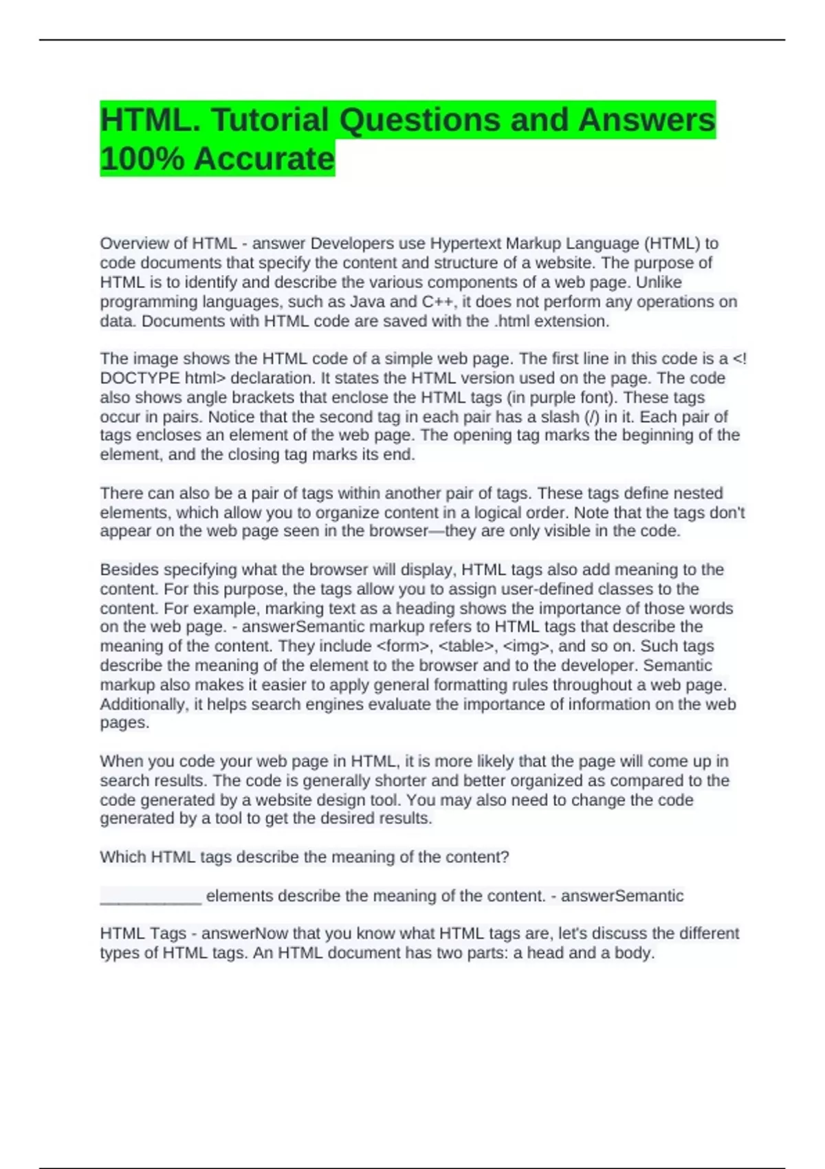 HTML. Tutorial Questions and Answers 100% Accurate - HTML - Stuvia US