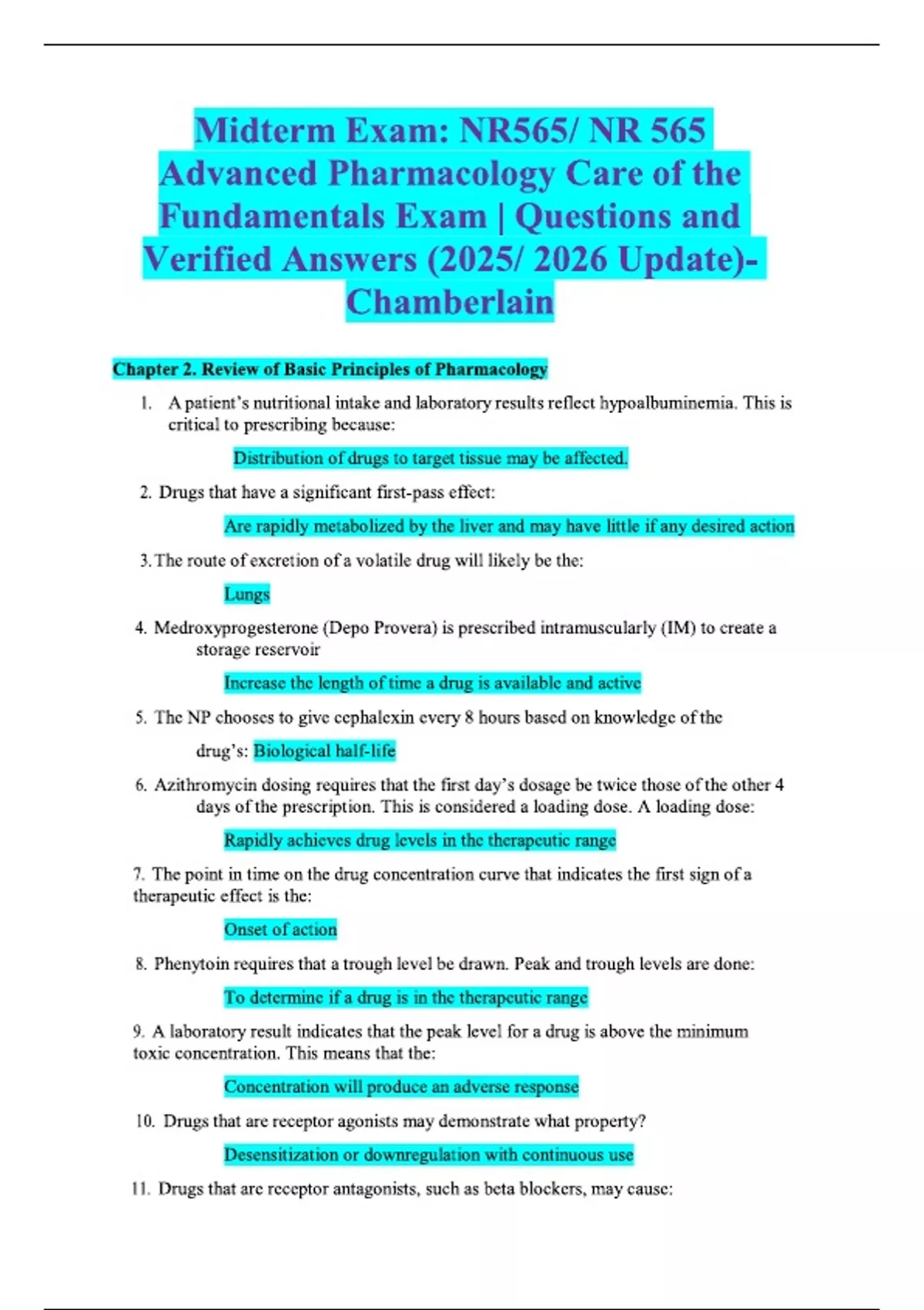 Midterm Exam: NR565/ NR 565 Advanced Pharmacology Care of the ...