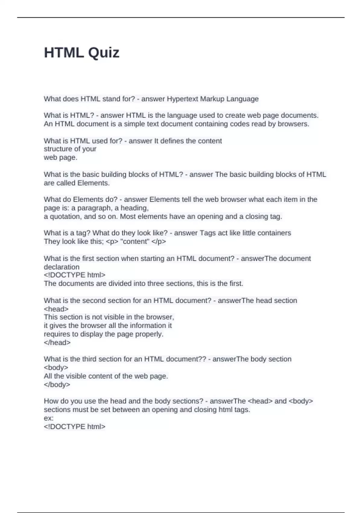 HTML Quiz Questions with Solutions - HTML - Stuvia US