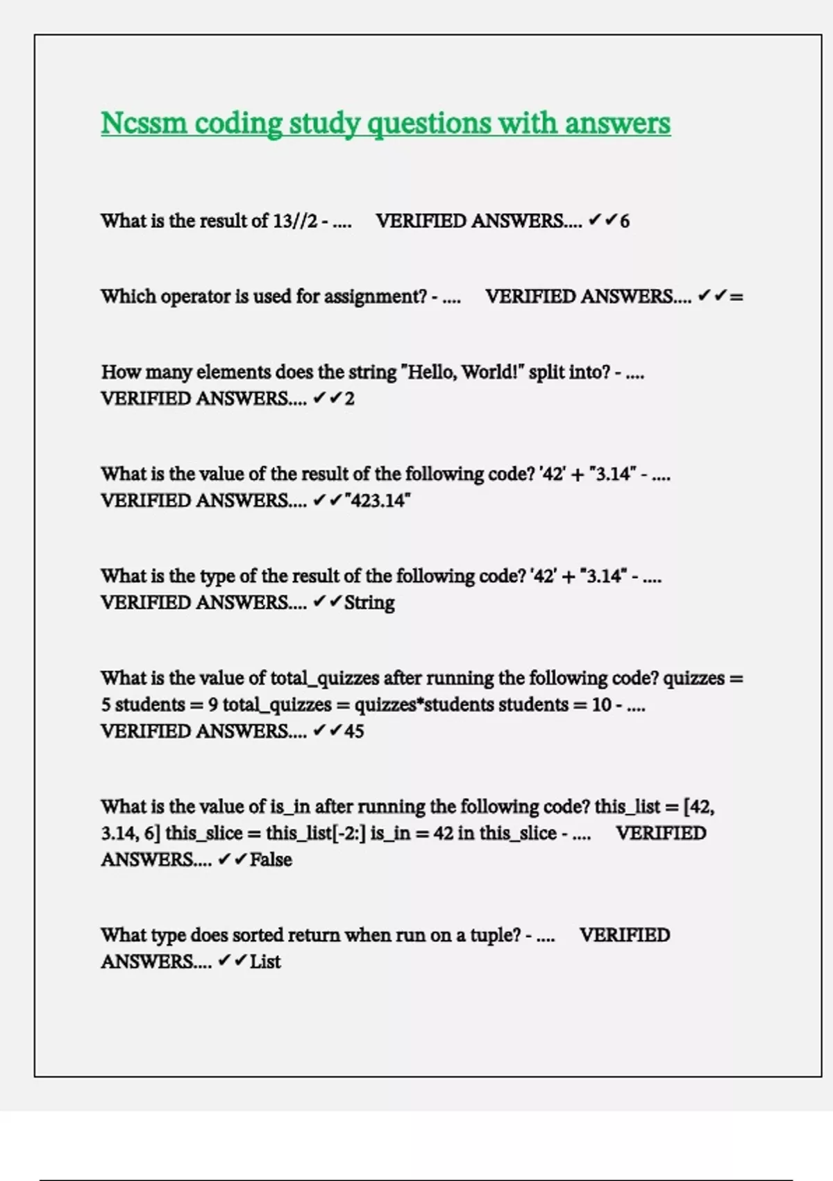 Ncssm coding study questions with answers - Ncssm coding - Stuvia US
