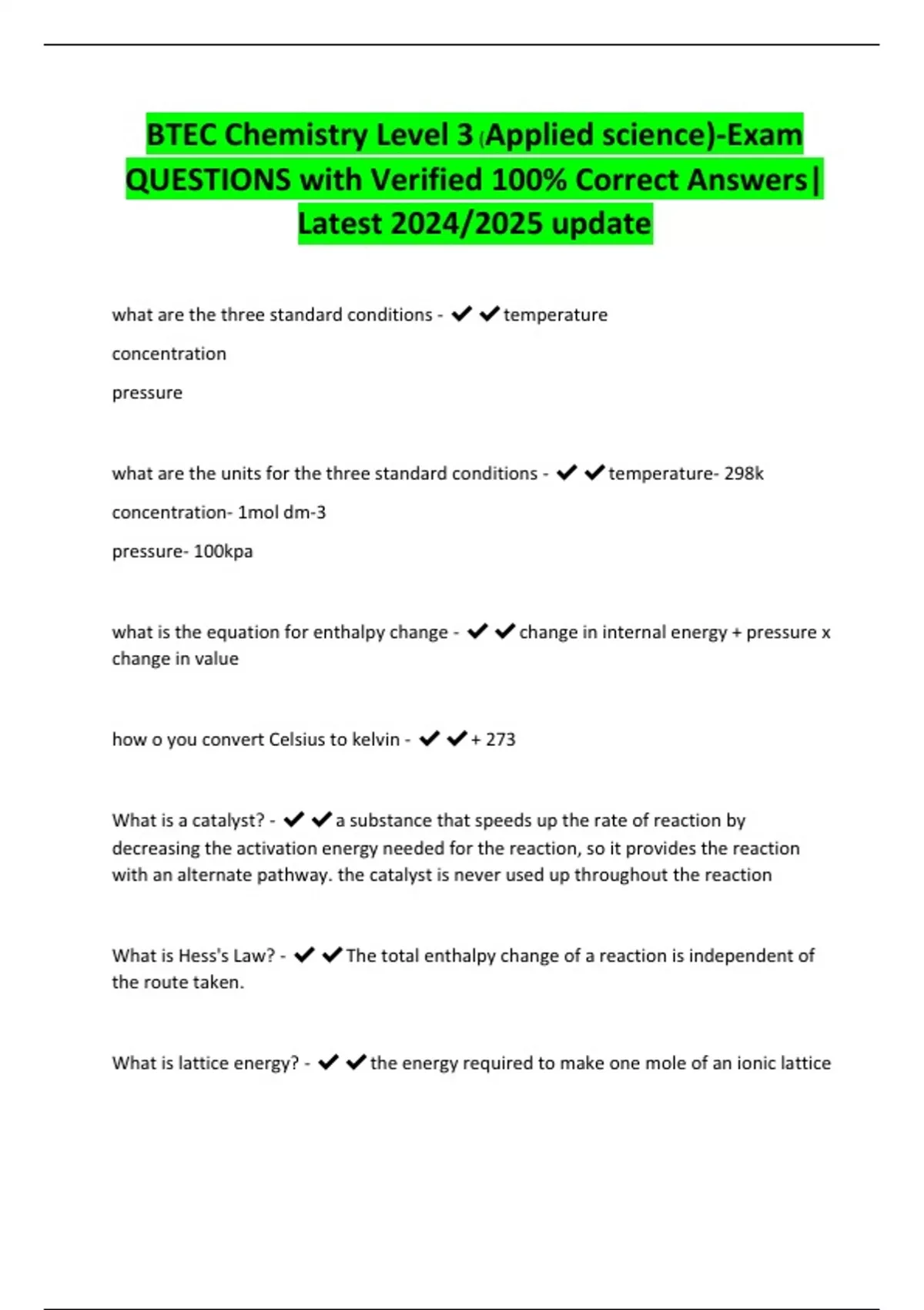 BTEC Chemistry Level 3 (Applied science)-Exam QUESTIONS with Verified ...