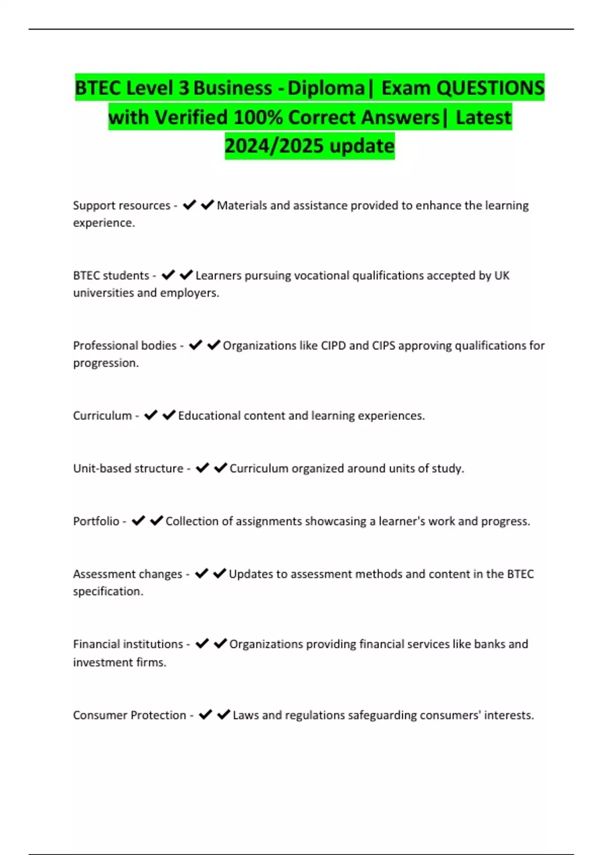 BTEC Level 3 Business - Diploma| Exam QUESTIONS with Verified 100% ...
