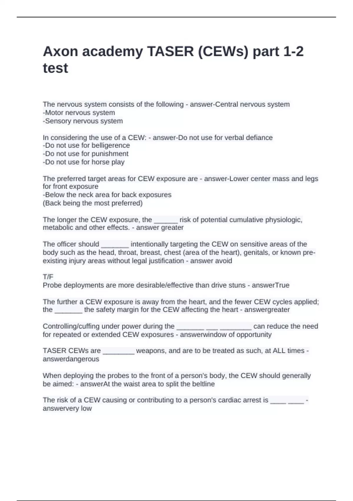 Axon academy TASER (CEWs) part 1-2 test Questions and Answers Fully ...