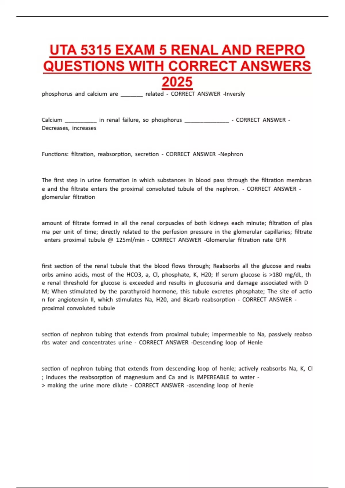 UTA 5315 EXAM 5 RENAL AND REPRO QUESTIONS WITH CORRECT ANSWERS 2025 ...