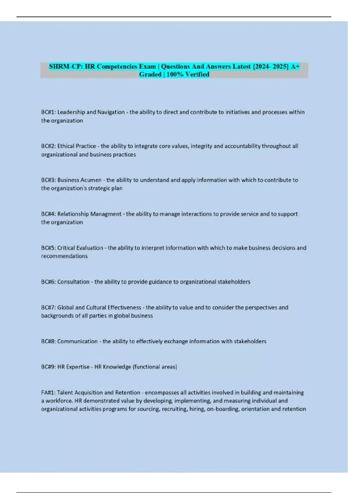 SHRM-CP: HR Competencies Exam | Questions And Answers - SHRM - Stuvia US