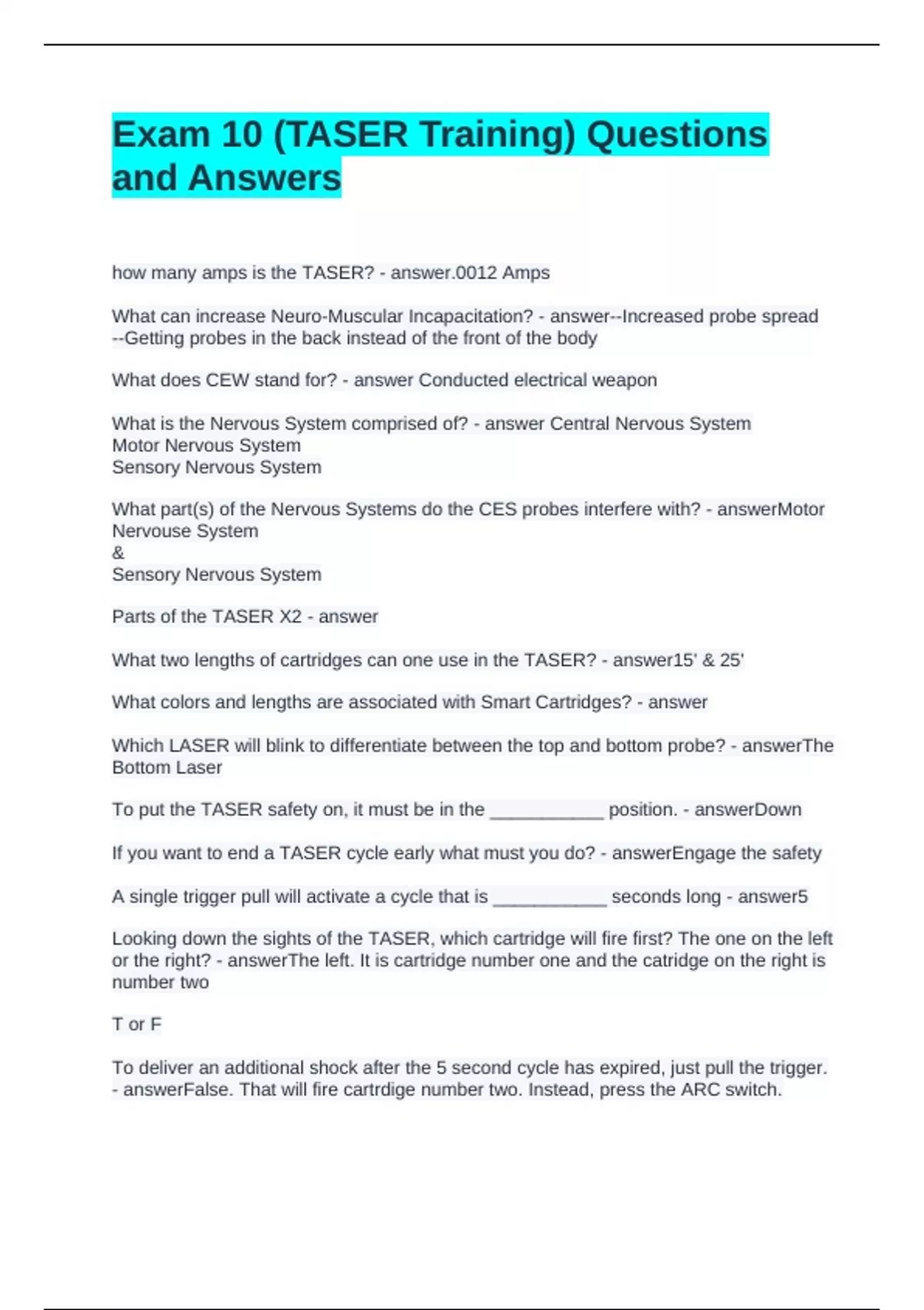 Exam 10 (TASER Training) Questions and Answers - TASER - Stuvia US