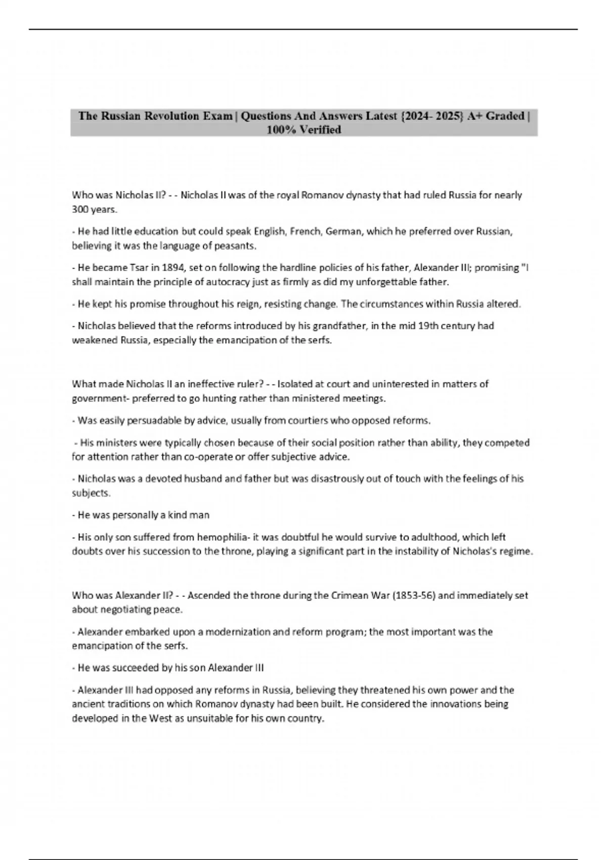 The Russian Revolution Exam | Questions And Answers - RUSSIAN ...