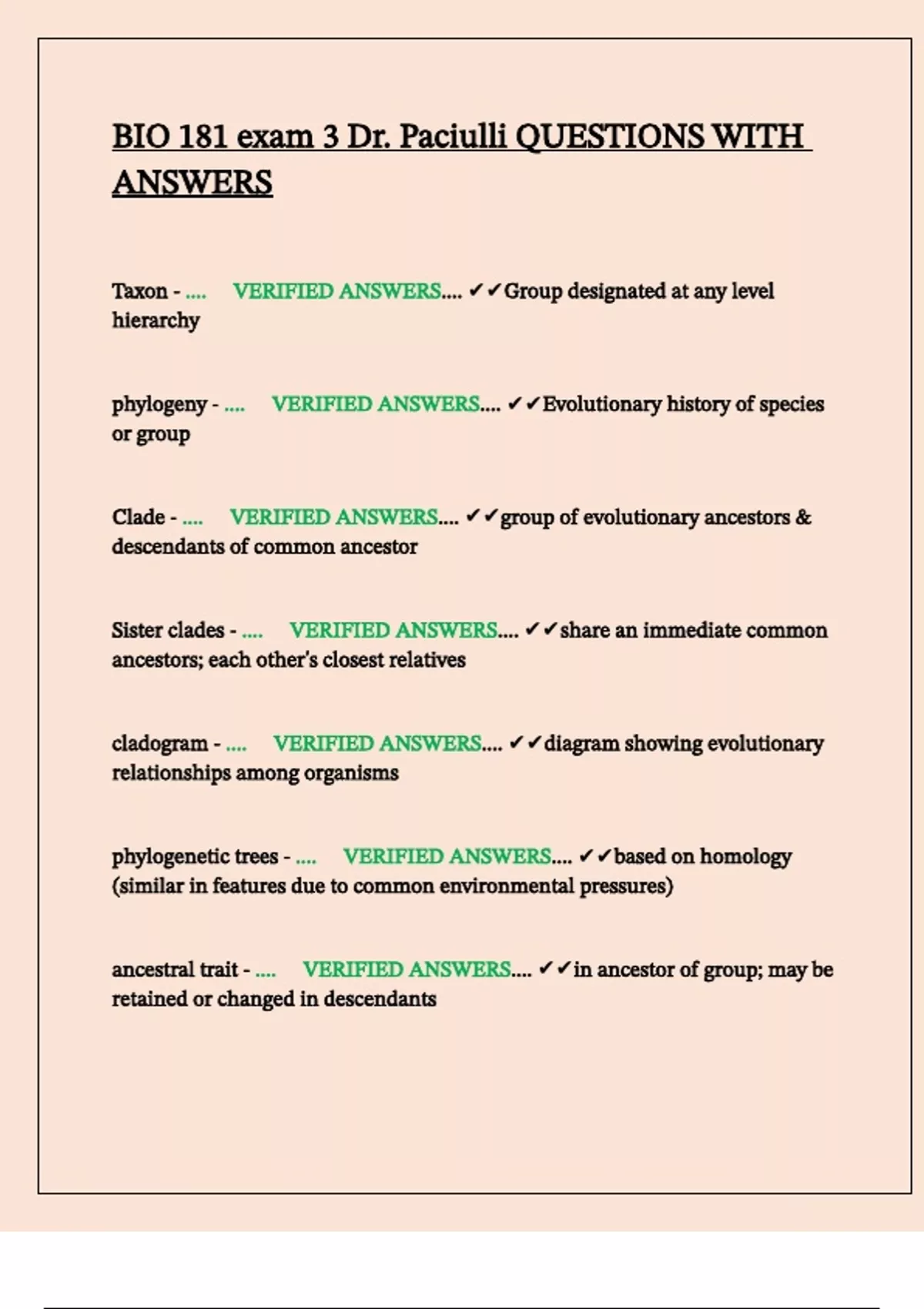 BIO 181 exam 3 Dr. Paciulli QUESTIONS WITH ANSWERS - Paciulli bio 181 ...