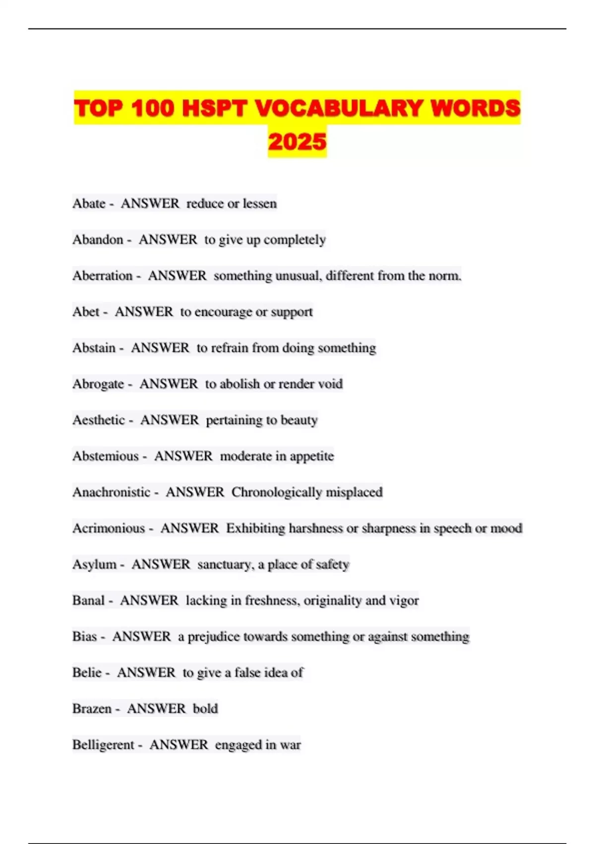 TOP 100 HSPT VOCABULARY WORDS 2025 - TOP 100 HSPT VOCABULARY WORDS ...