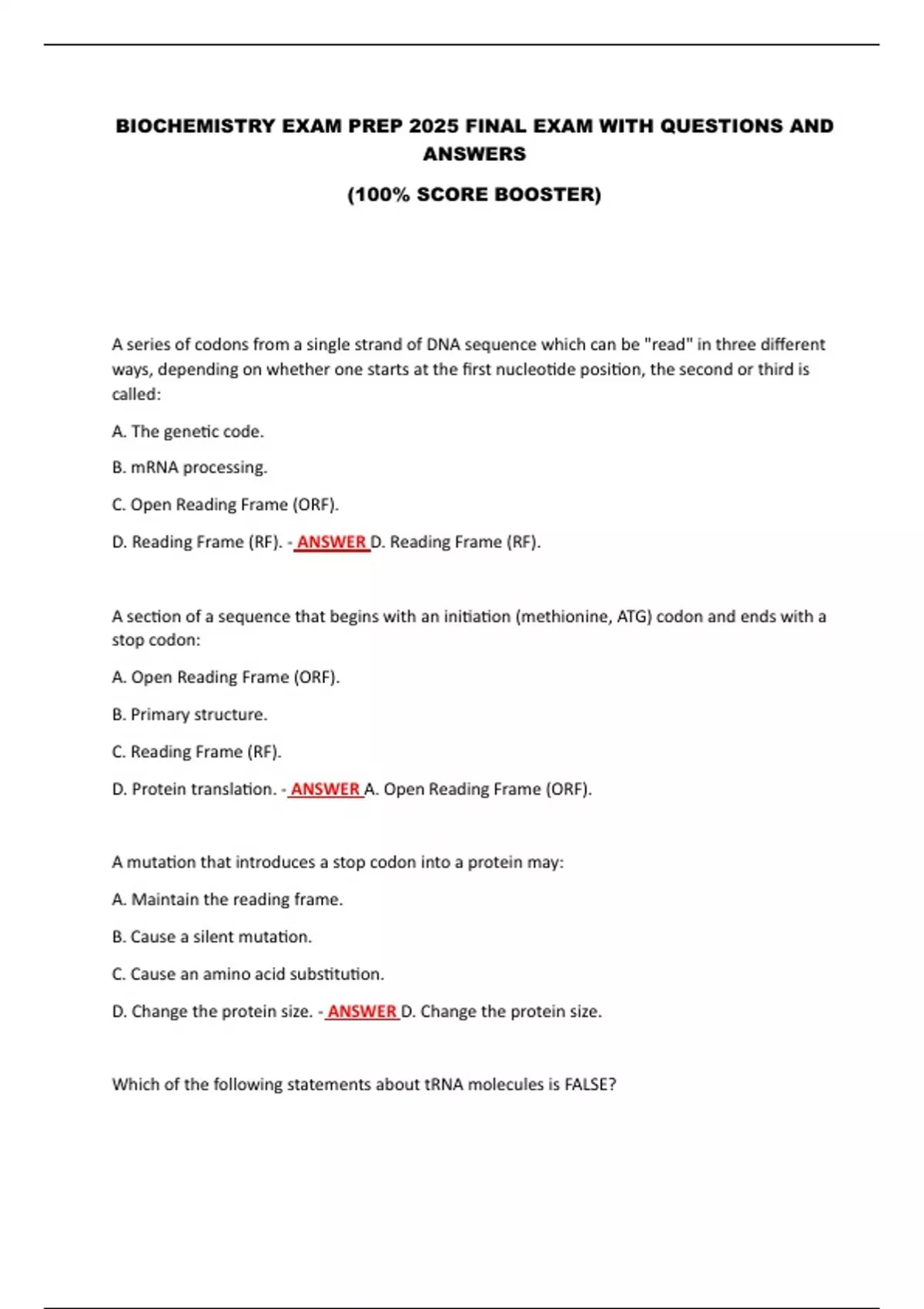 BIOCHEMISTRY EXAM PREP 2025 FINAL EXAM WITH QUESTIONS AND ANSWERS (100% ...