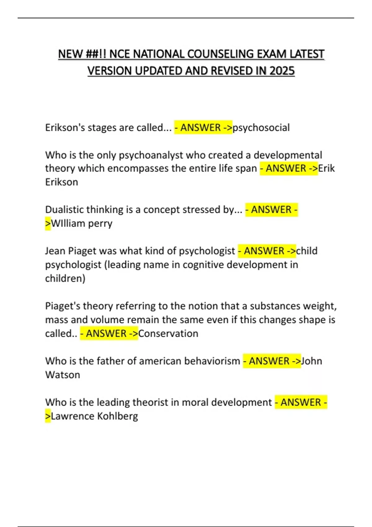 NCE NATIONAL COUNSELING EXAM LATEST VERSION UPDATED AND REVISED IN 2025 ...