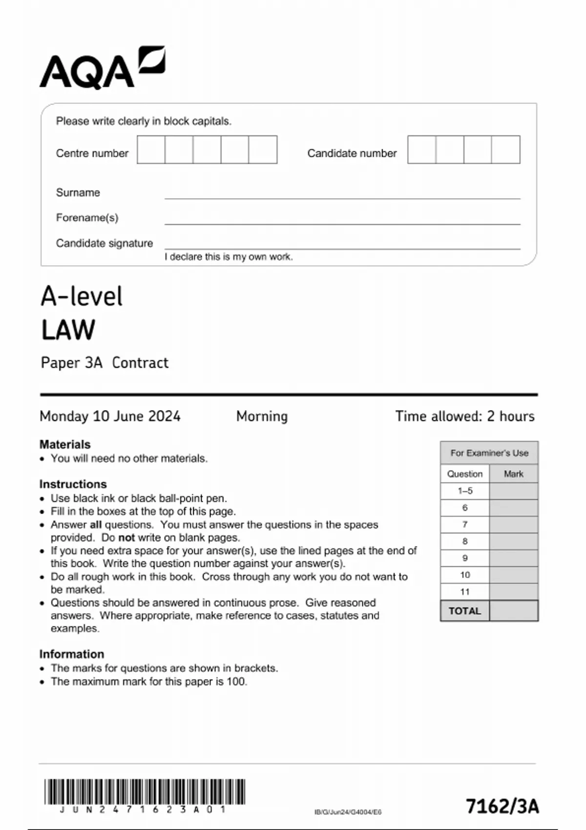 AQA A LEVEL LAW PAPER 3A & 3B QP AND THEIR MARK SCHEMES 2024 - Stuvia US