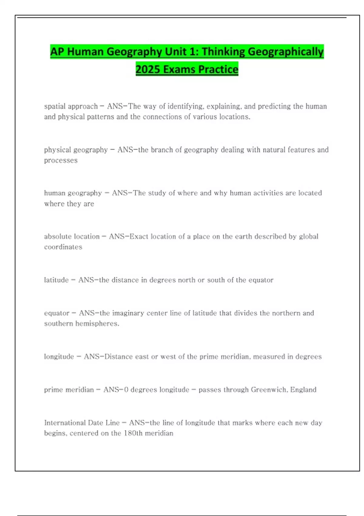 AP Human Geography Unit 1: Thinking Geographically 2025 Exams Practice ...