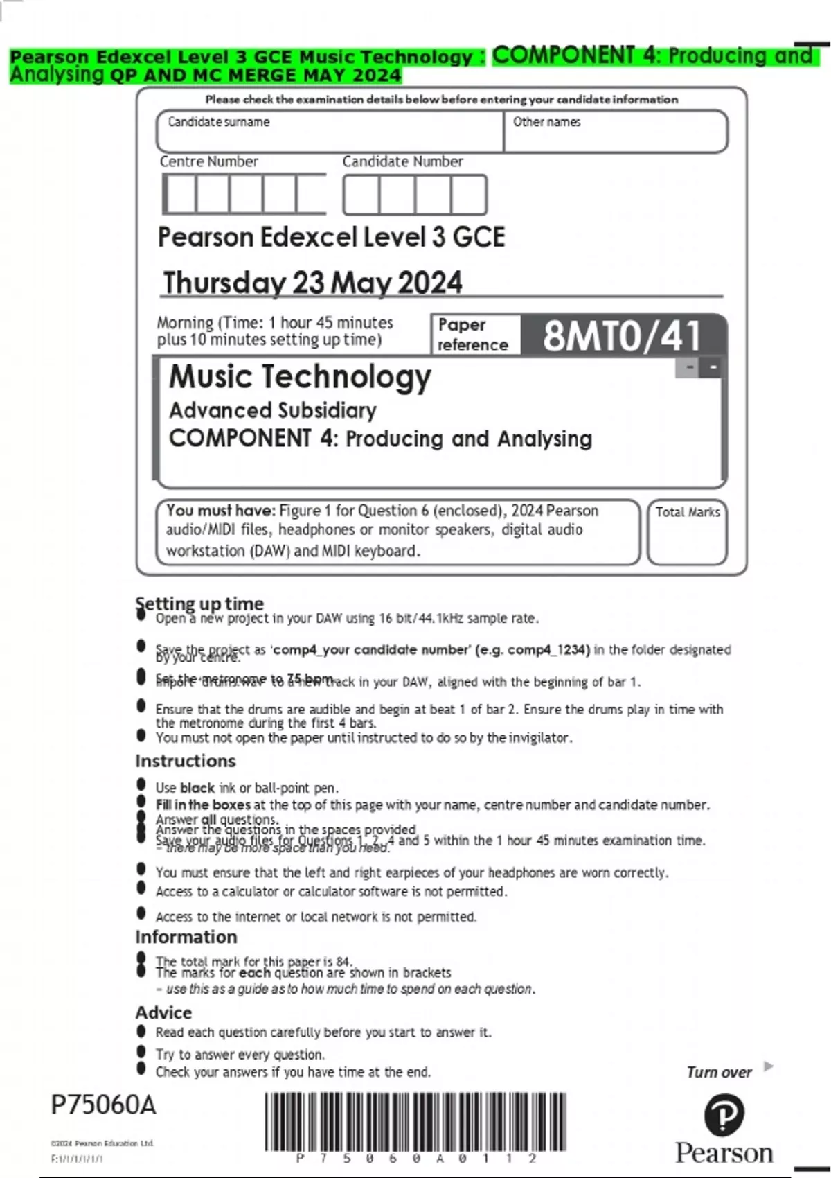 Pearson Edexcel Level 3 GCE Music Technology : COMPONENT 4: Producing ...