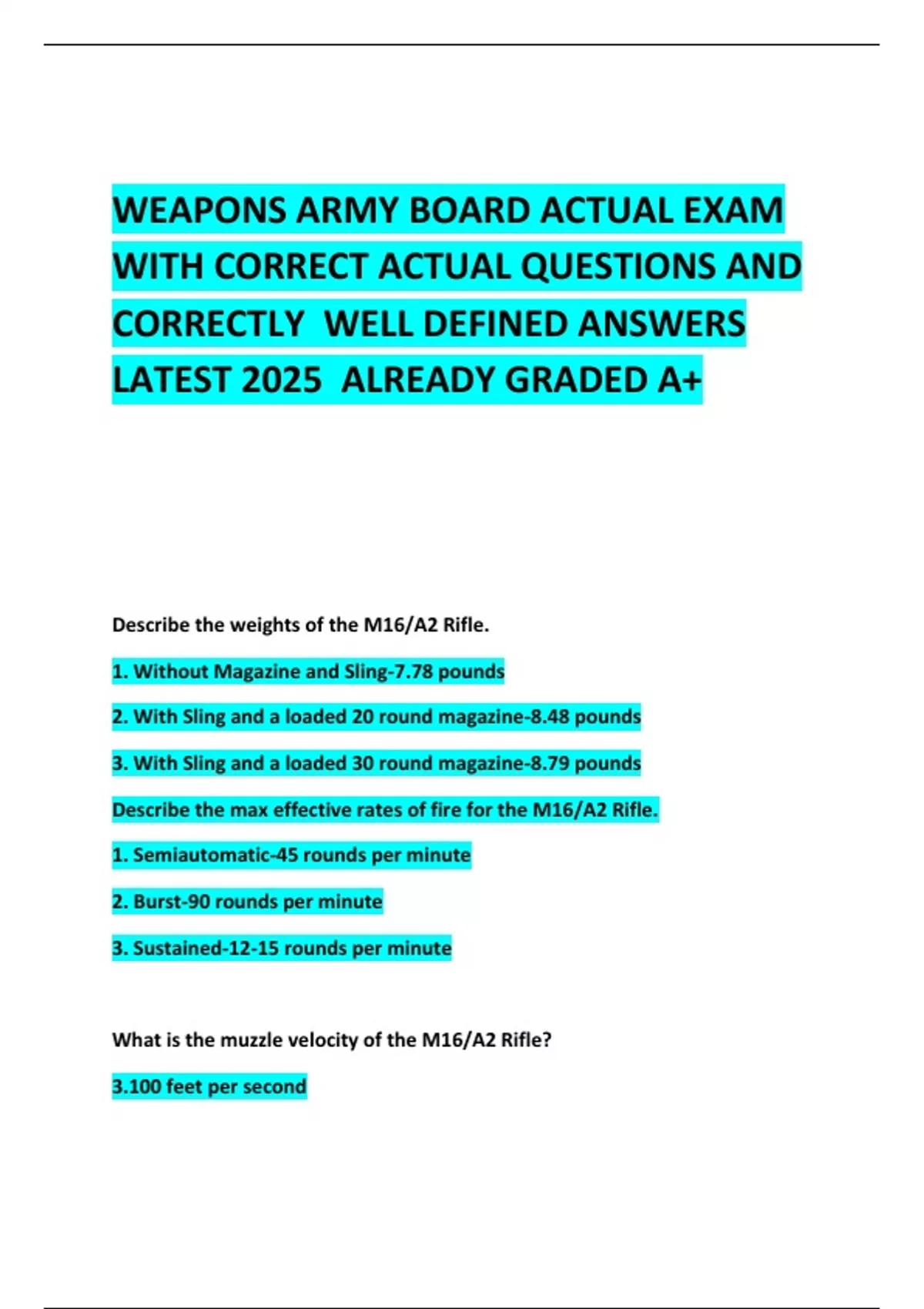 WEAPONS ARMY BOARD ACTUAL EXAM WITH CORRECT ACTUAL QUESTIONS AND ...