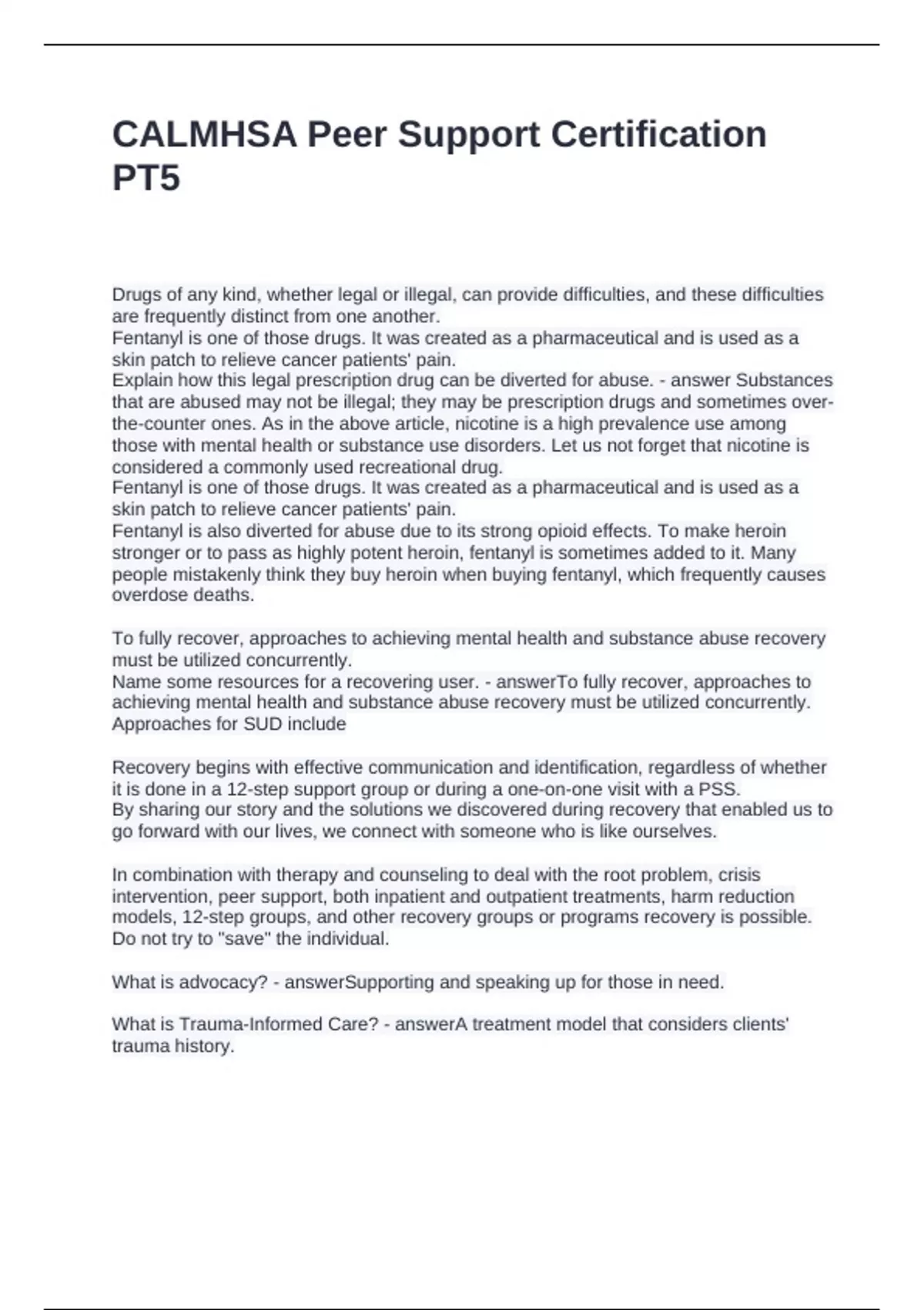 CALMHSA Peer Support Certification PT5 Questions with Correct Answers ...