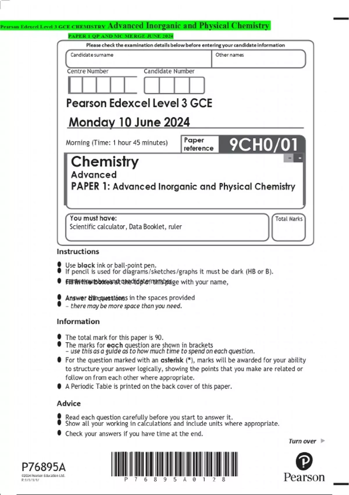 Pearson Edexcel Level 3 GCE CHEMISTRY Advanced Inorganic and Physical ...