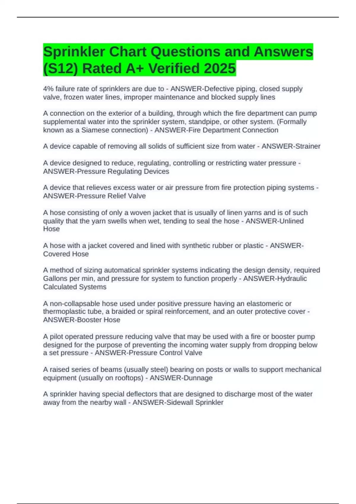 Sprinkler Chart Questions and Answers (S12) Rated A+ Verified 2025 ...