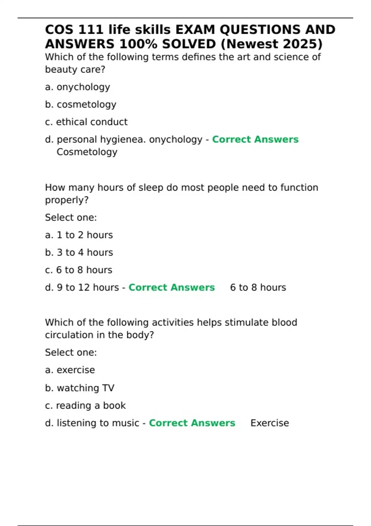 COS 111 life skills EXAM QUESTIONS AND ANSWERS 100- SOLVED (Newest 2025 ...