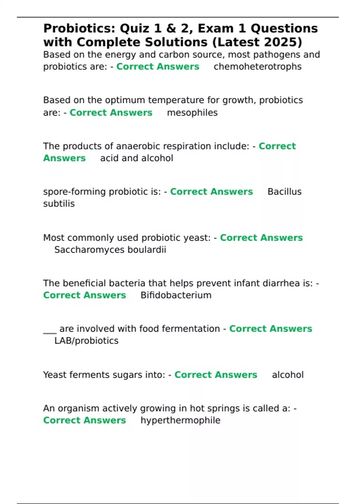 Probiotics Quiz 1 & 2, Exam 1 Questions with Complete Solutions (Latest ...
