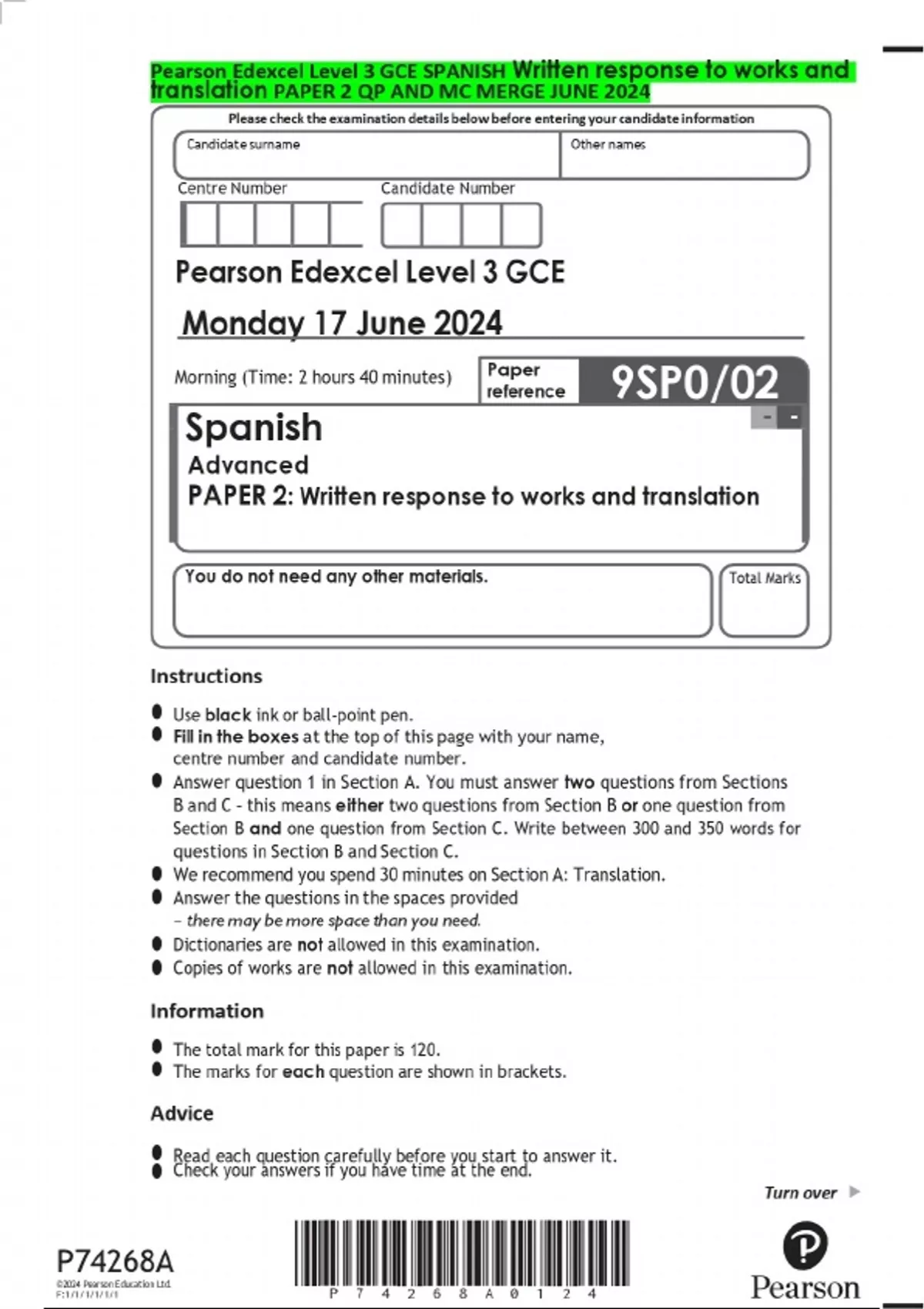 Pearson Edexcel Level 3 GCE SPANISH Written response to works and ...