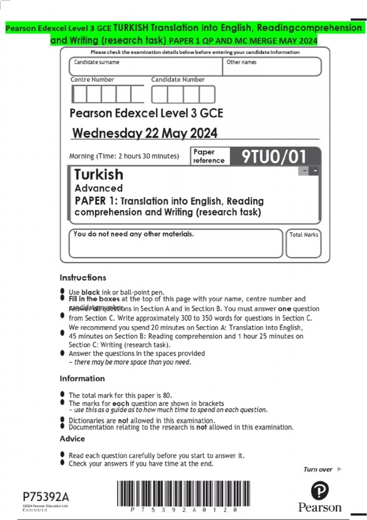 Pearson Edexcel Level 3 GCE TURKISH Translation into English, Reading ...